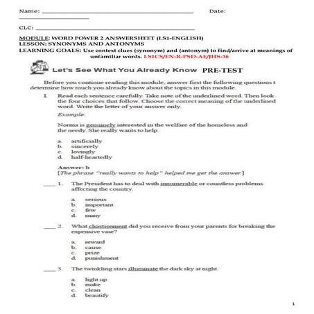 SYNONYMS AND ANTONYMS.docx | Educational Assessment | Education