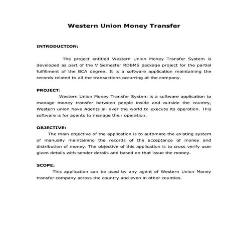 Synopsis western union money transfer | DOC
