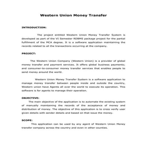 Synopsis western union money transfer java | DOC