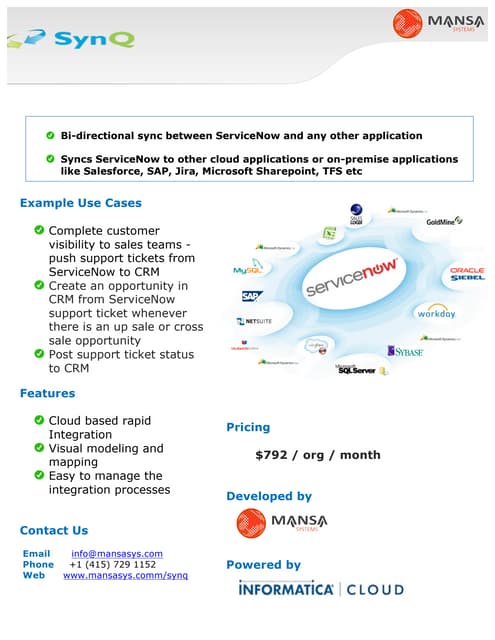 SynQ ServiceNow Integration Platform Datasheet | PDF