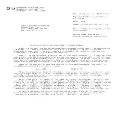 Syntax security systems trust irs confirmation | PDF