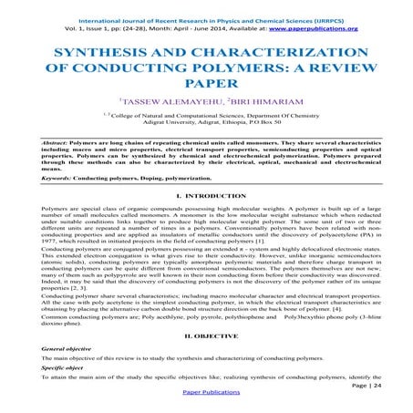 SYNTHESIS AND CHARACTERIZATION OF CONDUCTING POLYMERS: A REVIEW PAPER | PDF