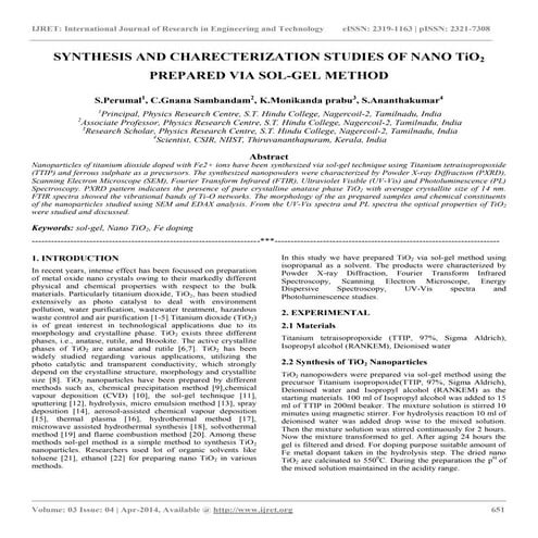 Synthesis and charecterization studies of nano ti o2 prepared via sol gel method | PDF