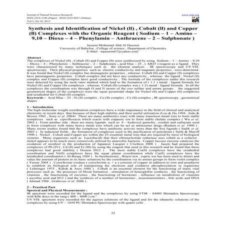 Synthesis and identification of nickel (ll) , cobalt (ll) and copper (ll) complexes with the ...