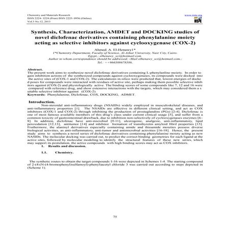 Synthesis, characterization, amdet and docking studies of novel ...