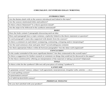 Synthesis Essay Checklist A synthesis essay brings together ideas from ...