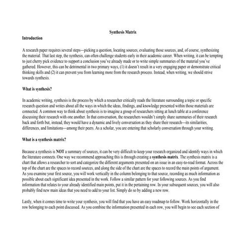 Synthesis Matrix example para trabajos de administracion | DOCX