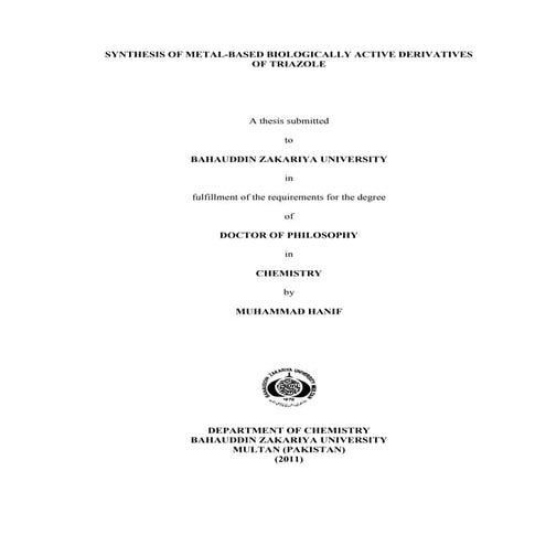 Synthesis of metal based biologically active derivatives of triazole | PDF