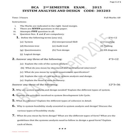 System analysis and design code 303203 bca 2nd semester exam. 2015 | PDF