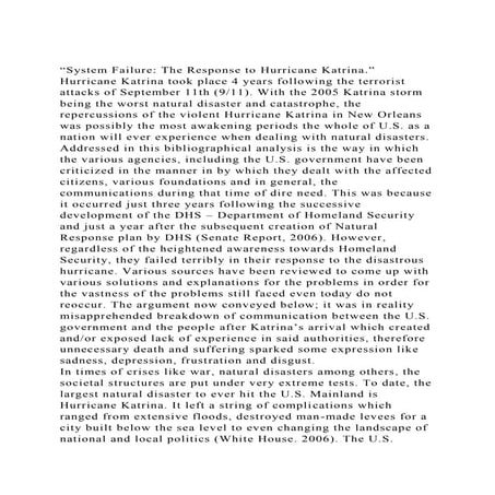 System Failure The Response to Hurricane Katrina.”Hurricane Ka.docx