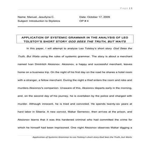 Systemic grammar analysis of leo tolstoy's god sees the truth but waits ...