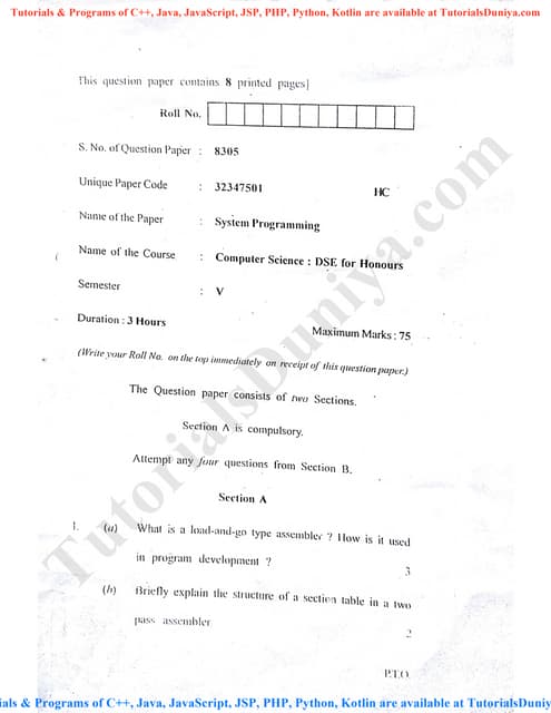 System Programming Question Paper 2016 Tutorialsduniya Pdf