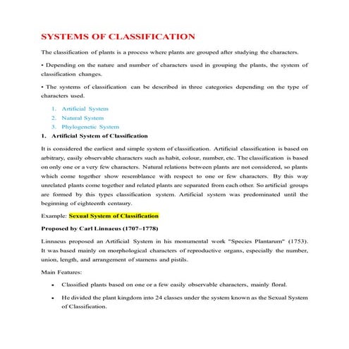SYSTEMS OF CLASSIFICATION- Artificial System, Natural System ...