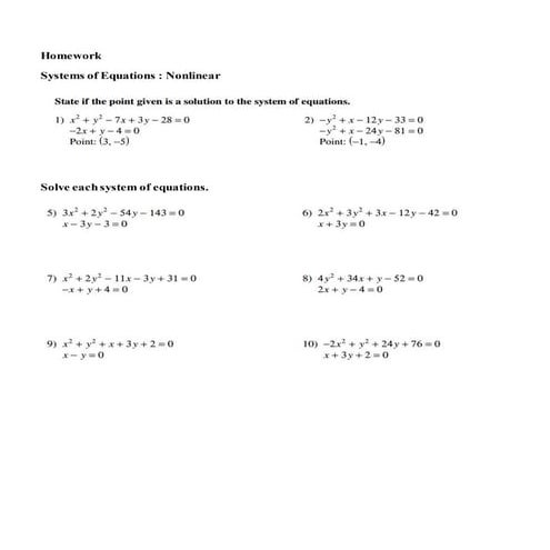Systems of equations nonlinear homework | PDF