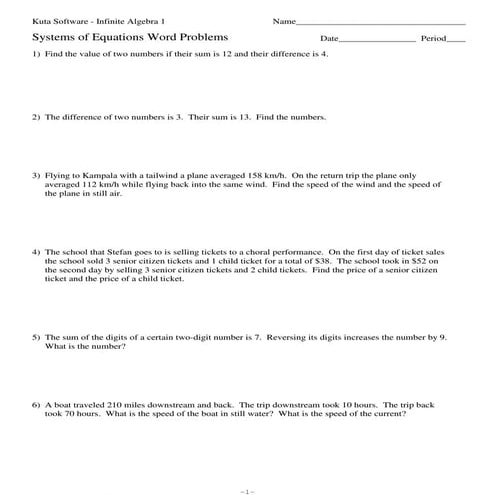 Systems of equations word problems | PDF