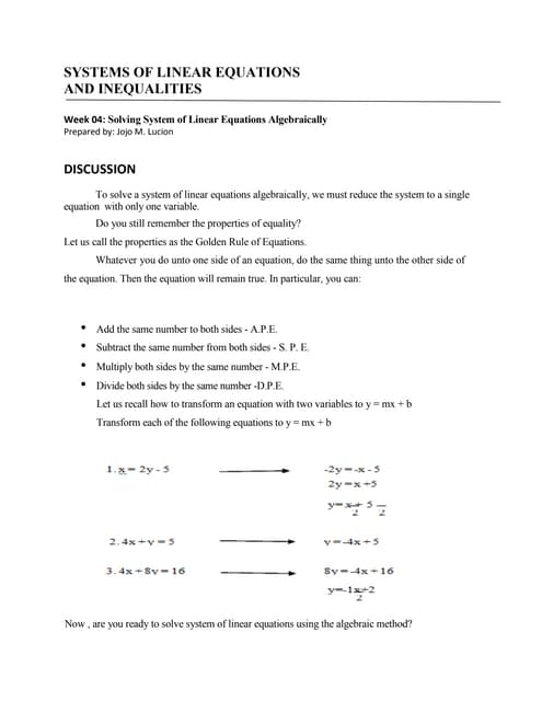 5As Method of Lesson Plan on Ssolving systems of linear equations in two variables by ...