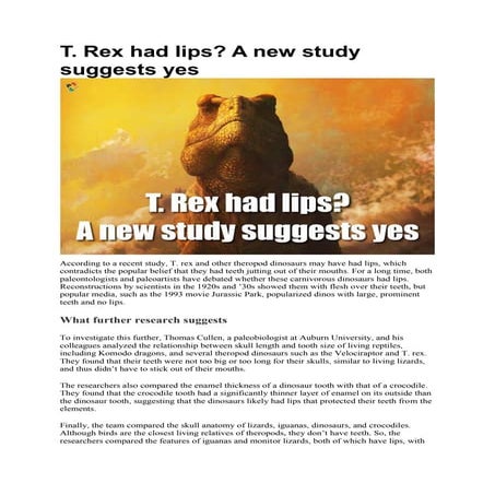 T. Rex had lips? A new study suggests yes | The Lifesciences Magazine | PDF