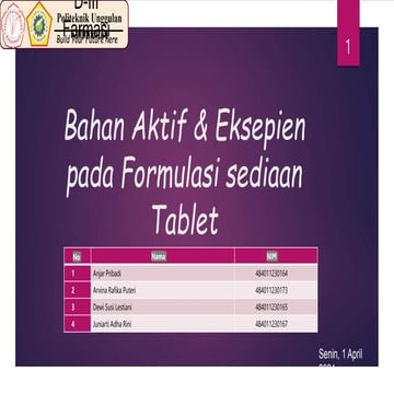 zat aktif dan eksipian dalam pembuaan tablet | PPTX