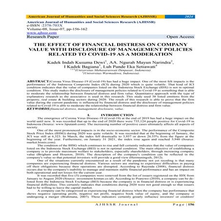 THE EFFECT OF FINANCIAL DISTRESS ON COMPANY VALUE WITH DISCLOSURE OF ...