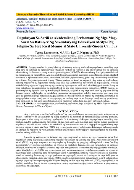 MGA SALIK NA NAKAAAPEKTO SA ANTAS NG PAGUNAWA SA PAGBASA NG MGA MAG-AARAL SA JUNIOR HIGH SCHOOL ...