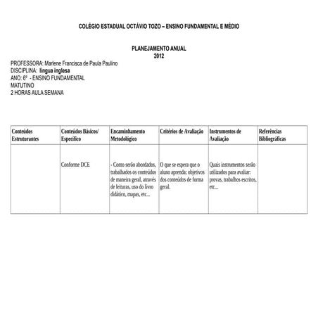 Tabela modelo planejamento e plano de trabalho | DOC