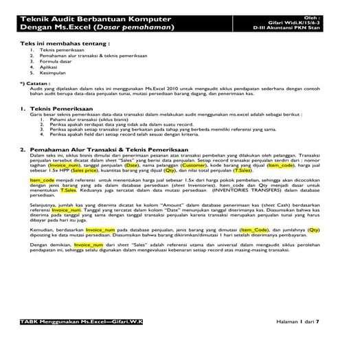 Teknik Audit Berbantuan Komputer Dengan Ms.Excel (Dasar pemahaman) | PDF
