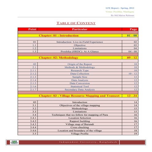 Live in field experience (LFE) Final report's Table of content | PDF