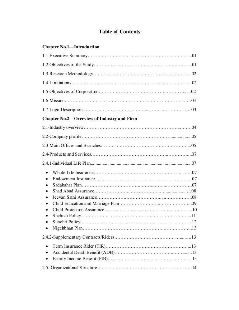 Table of contents -Internship Report-2016