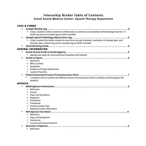 Intern Binder: Table of Contents | PDF