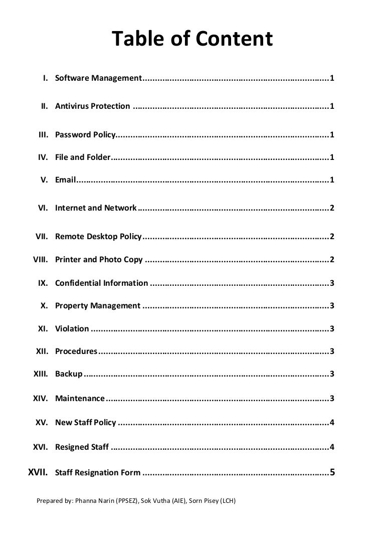 Table of contents it policy for group of company1