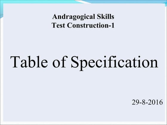 Table Of Specification Pptx Standardized Testing Educational Assessment