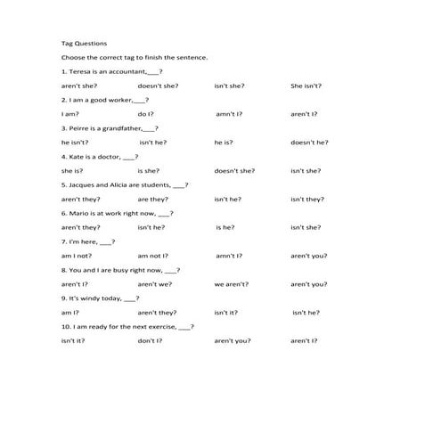 Tag questions exercise | DOC
