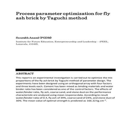 Process parameter optimization for fly ash brick by Taguchi method | PDF