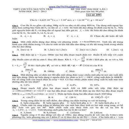 Tailieu.vncty.com de thi thu chuyen nguyen trai - hai duong | PDF