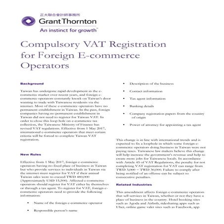 Taiwan: Compulsory VAT registration for Foreign E-Commerce Operators | PDF