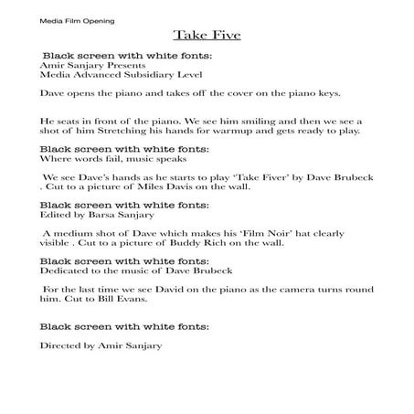 Take Five (Film Opening) script draft 1 | PDF