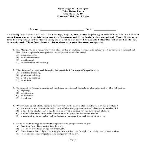 Take Home Test ( Chapter 18, 19) Psych 41 | PDF