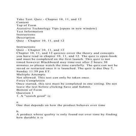 Take Test Quiz - Chapter 10, 11, and 12 ContentTop of FormA.docx | Free ...