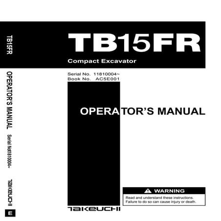 Takeuchi tb15 fr compact excavator operator manual | PDF