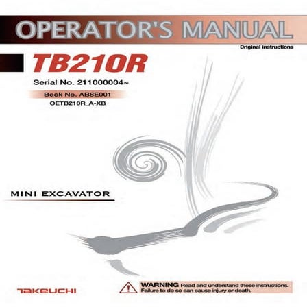 Takeuchi tb210 r mini excavator operator manual (serial no. 211000004 ...