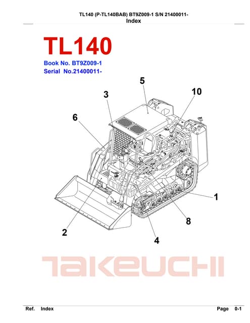 Takeuchi tl10 track loader parts catalogue manual (serial no. 201000002 ...