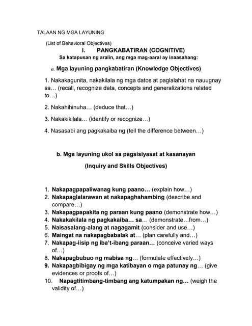 Behavioral Objectives in Filipino | PDF