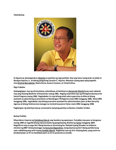 Talambuhay ng mga pangulo ng pilipinas | DOCX