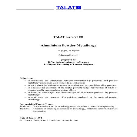 TALAT Lecture 1401: Aluminium Powder Metallurgy | PDF