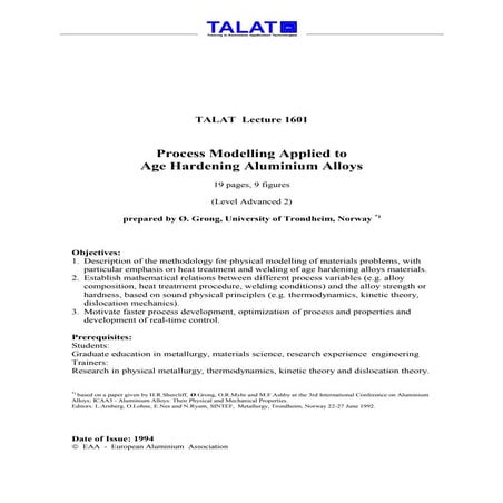 TALAT Lecture 1601: Process modelling applied to age hardening ...