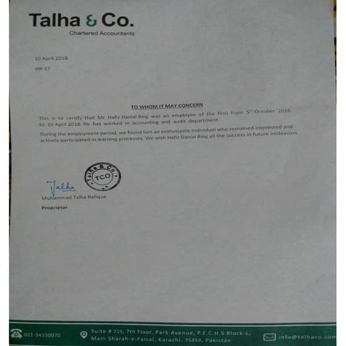 Talha&co (chartered accountant)experience letter | PDF