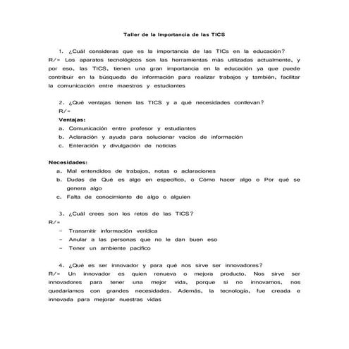 Taller de la importancia de las tics | DOCX | Technology & Computing