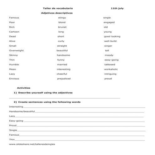 Taller de vocabulario " adjetives about plp" 4th july | DOC