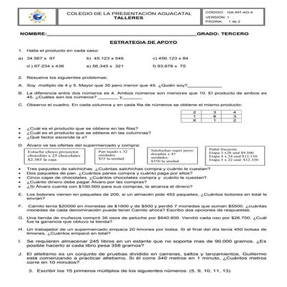 Talleres de matemáticas tercero estrategia de apoyo | DOC