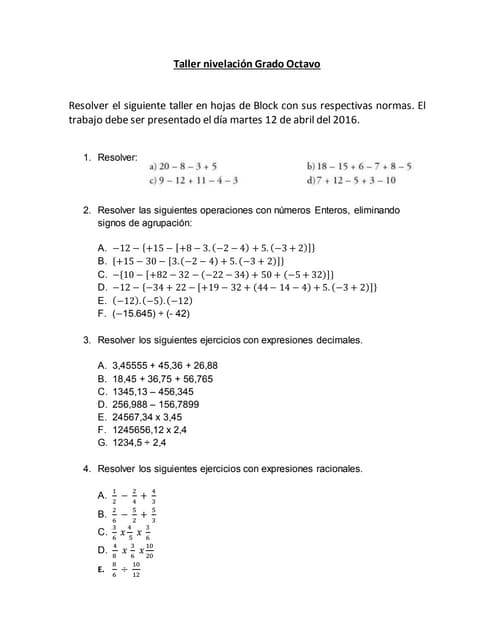 Ejercicios de matemáticas octavo